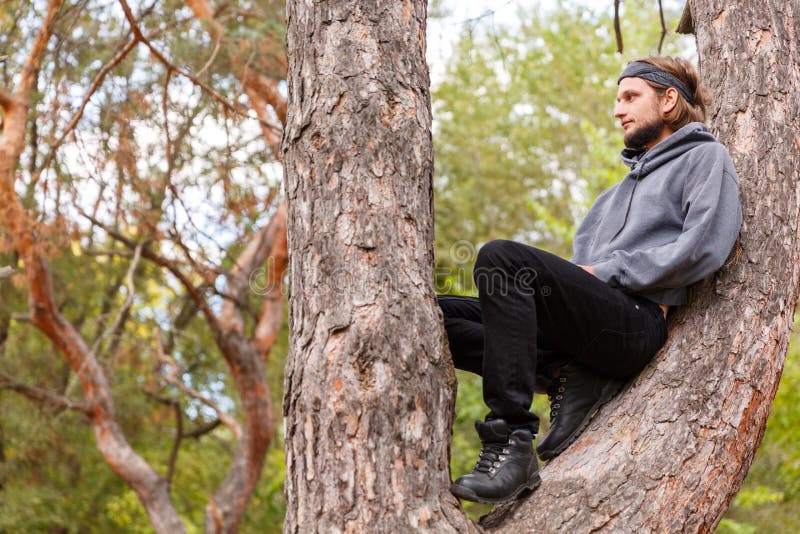 A Man Sits on a Tree in an Autumn Forest Stock Photo - Image of healthy ...