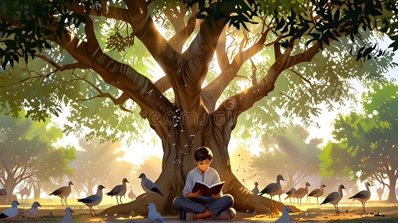 A Man Sits Under a Tree Reading a Book Stock Illustration ...