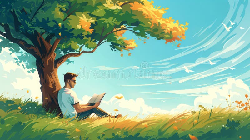 A Man Sits Under a Tree, Reading a Book in a Sunny Meadow Stock Photo ...