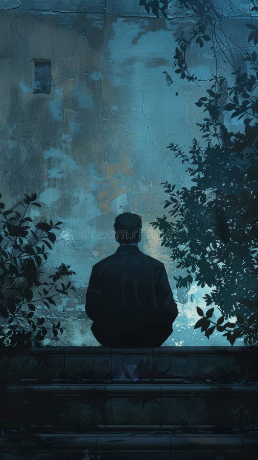 Man Sitting Alone on a Bench at Night Stock Illustration - Illustration ...