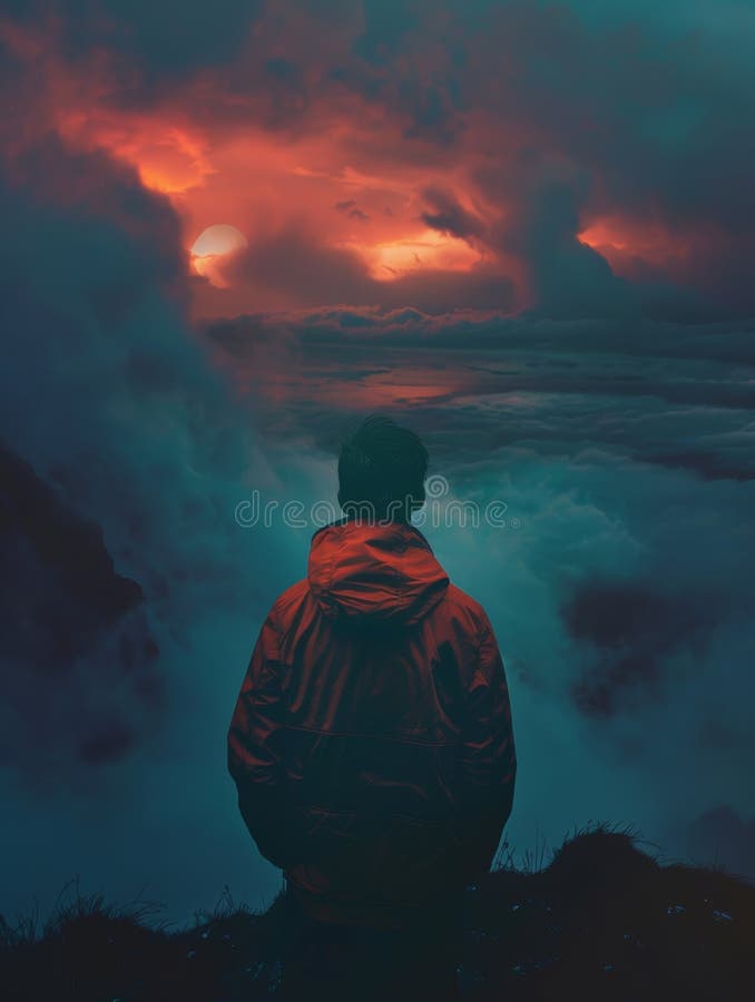 Lonely Man Sitting on Mountaintop in Sunset Stock Illustration ...