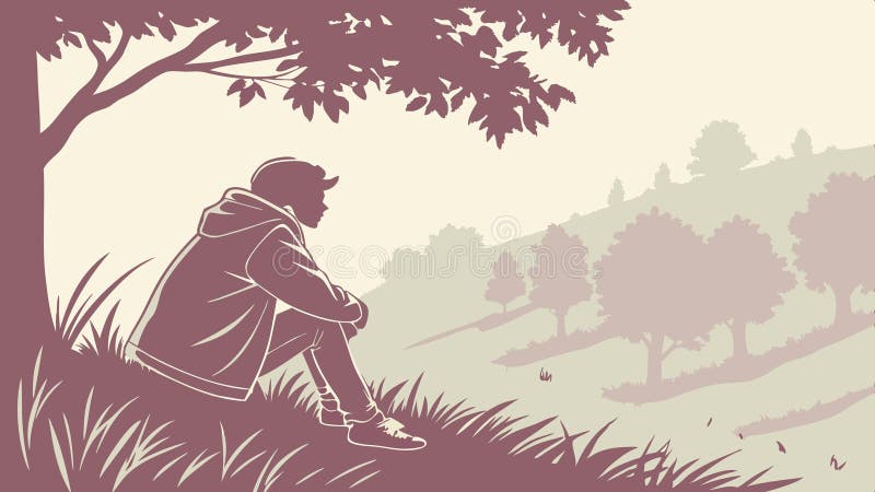 Man Sitting Alone Under Tree, Solitude and Reflective Moment Vector ...