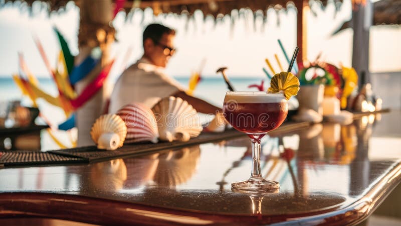 A Man Sitting at a Bar with Drinks and Shells on the Counter, AI Stock ...