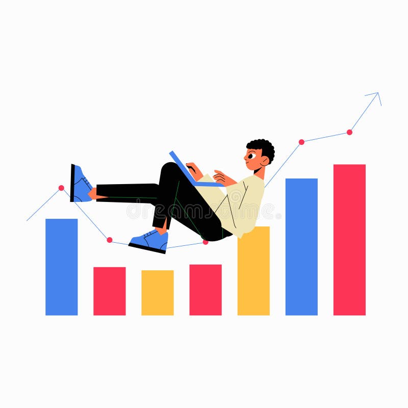 Man Sitting on Bar Graph with Laptop in Flat Vector Illustration ...