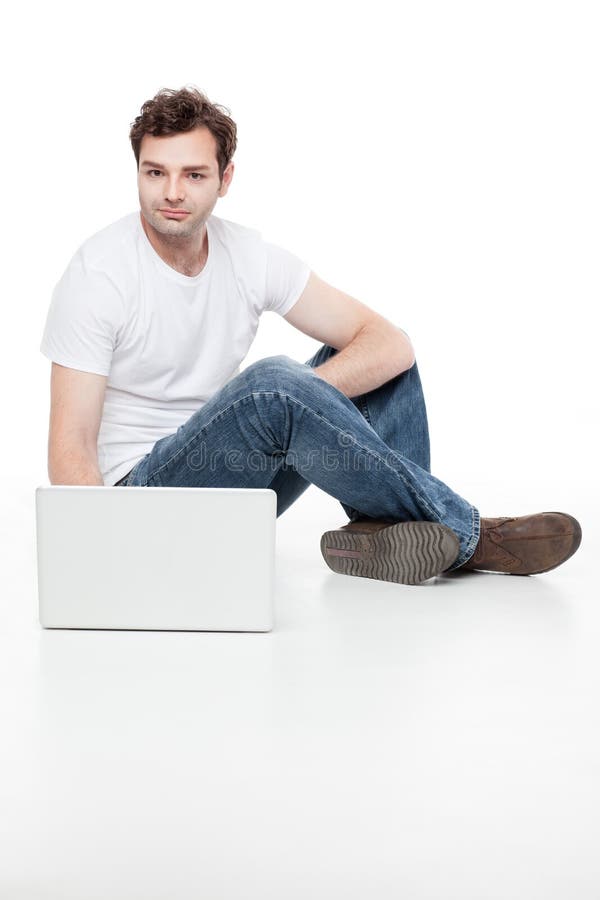 Man Sitting Behind Blanck Laptop Stock Photo - Image of posing ...