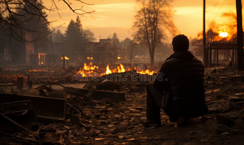 Man Sitting on Bench by Fire Stock Illustration - Illustration of fire ...