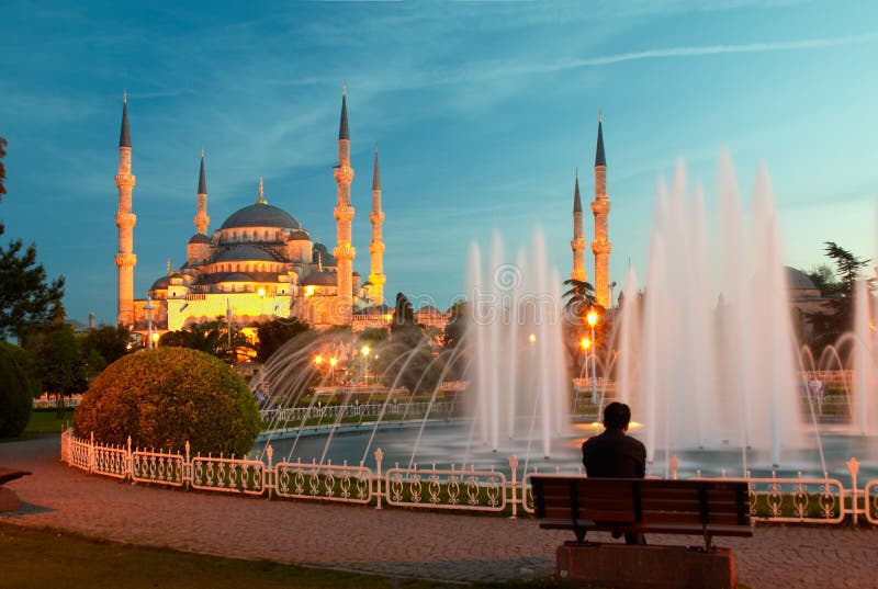 Man Sitting on a Bench Near of Blue Mosque Stock Image - Image of ...