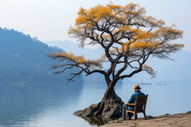 A Man Sitting on a Bench Next To a Tree. AI. Stock Photo - Image of ...