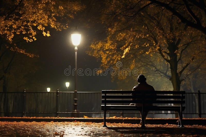 Man Sitting on a Bench in the Park at Night in the Autumn Stock ...