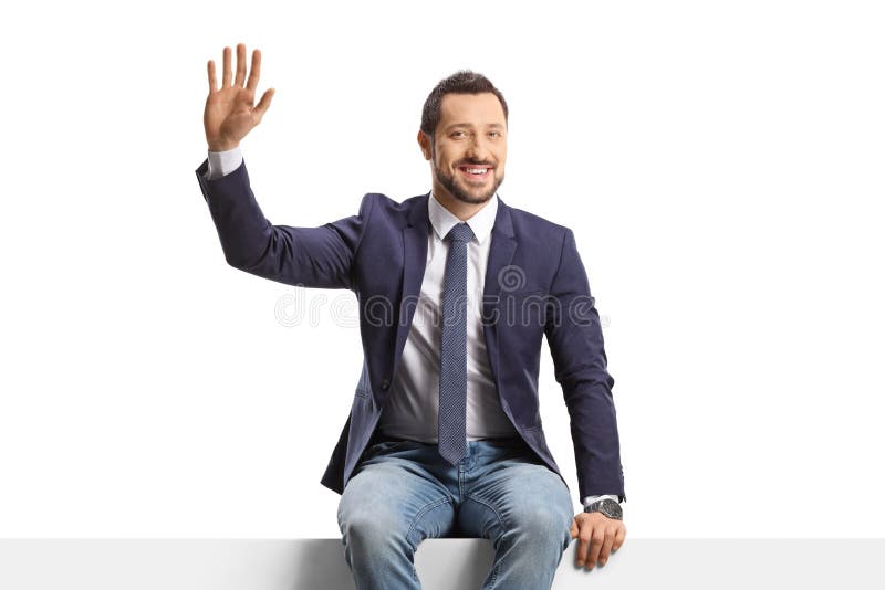 Man Jeans Sitting Panel Smiling Isolated White Background Stock Photos ...