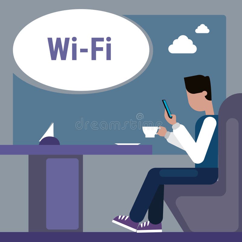 Man Sitting at Cafe Table Use Cell Smart Phone Internet through Wifi ...