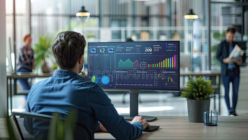 A Man is Seated at a Desk while Intently Gazing at His Computer Screen ...