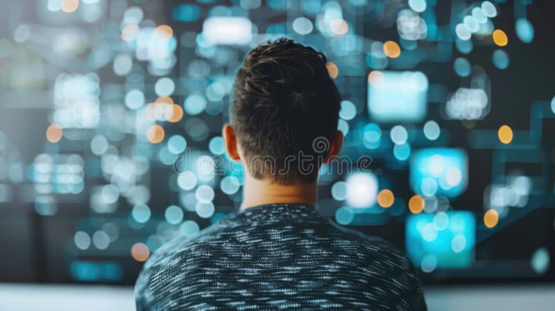 A Man is Sitting at a Computer. the Concept of Cybersecurity Technology ...