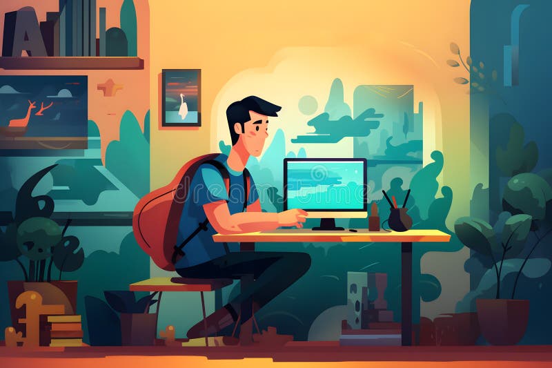 Man Sitting at Computer Desk with Backpack on His Back and Backpack on ...