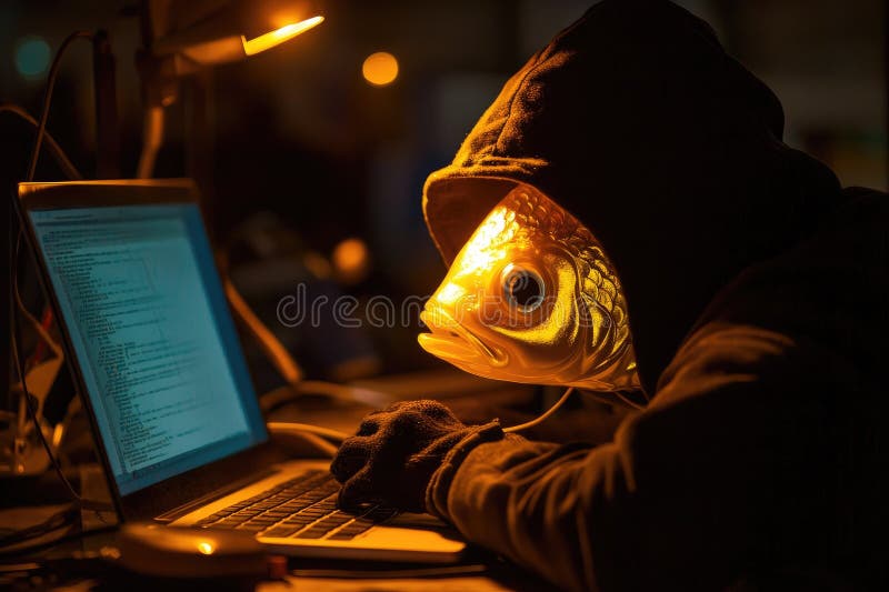 A Man is Sitting at a Computer with a Fish on His Head Stock ...