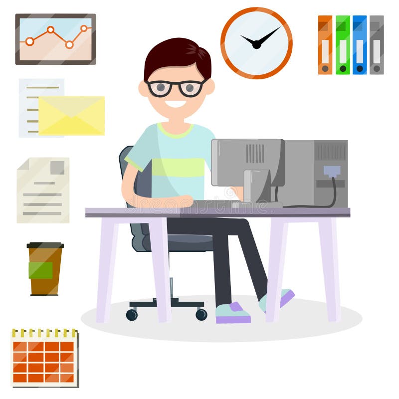 Man Sitting at Computer in Office. Cartoon Flat Illustration. Work with ...