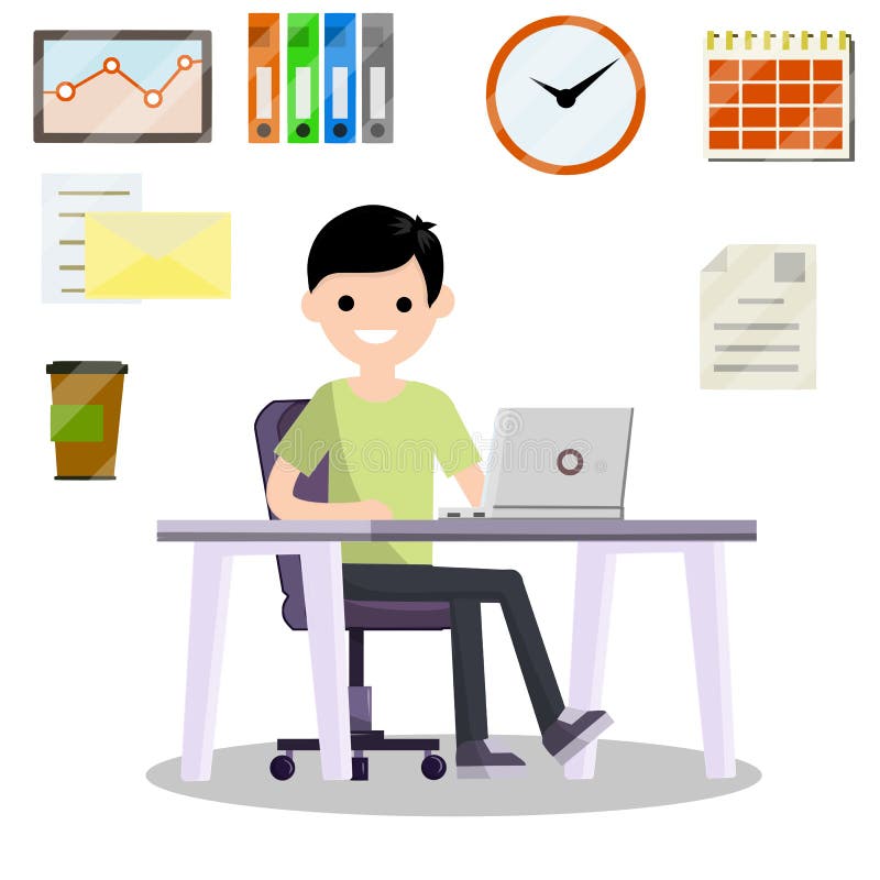 Man Sitting at Computer in Office. Cartoon Flat Illustration. Work with ...
