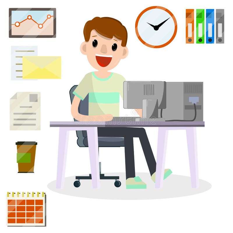 Man Sitting at Computer in Office. Cartoon Flat Illustration Stock ...