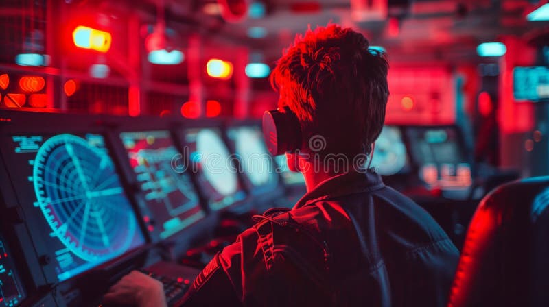 A Man Sitting at a Computer Screen, Focused on Work Stock Illustration ...