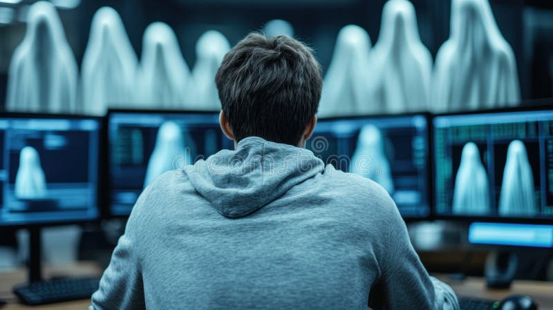 A Man Sitting at a Computer with Three Monitors in Front of Him, AI ...
