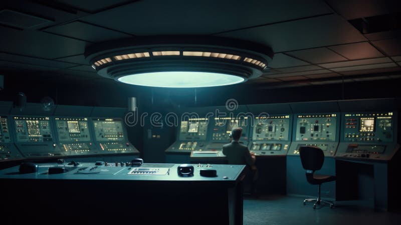 Man is Sitting at a Control Panel in a Dark Room Stock Illustration ...
