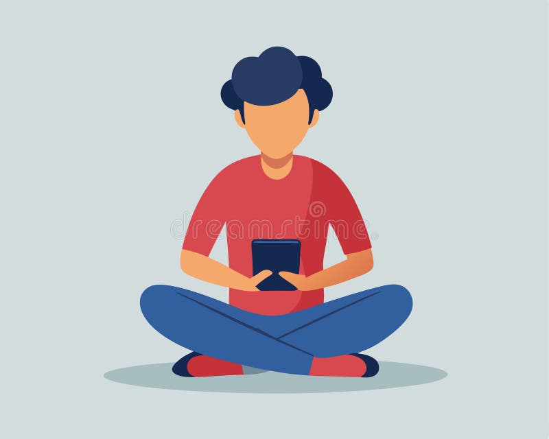 Man Sitting Cross-Legged Using Tablet Illustration Simple Style Stock ...