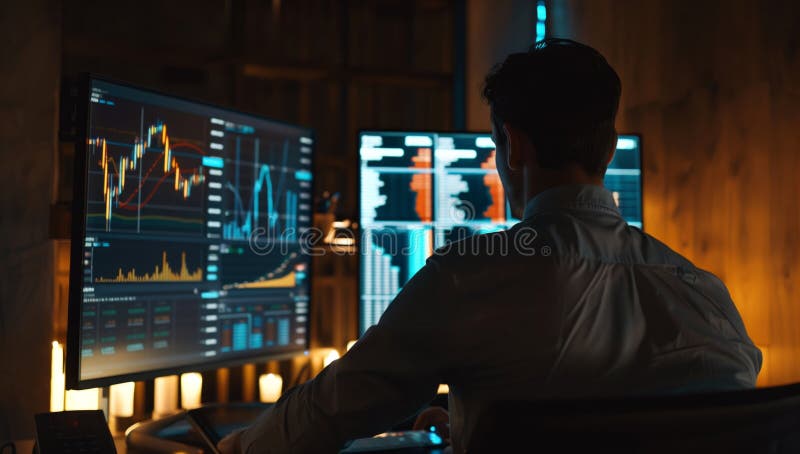 Man Sitting in Dark Room in Front of Two Computer Monitors Stock ...