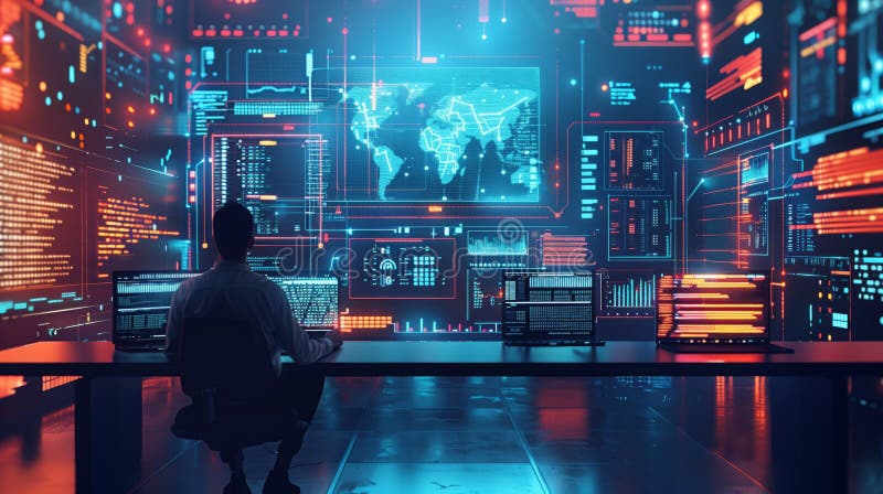 A Man is Sitting at a Desk, Analyzing Data on a Computer Screen in an ...