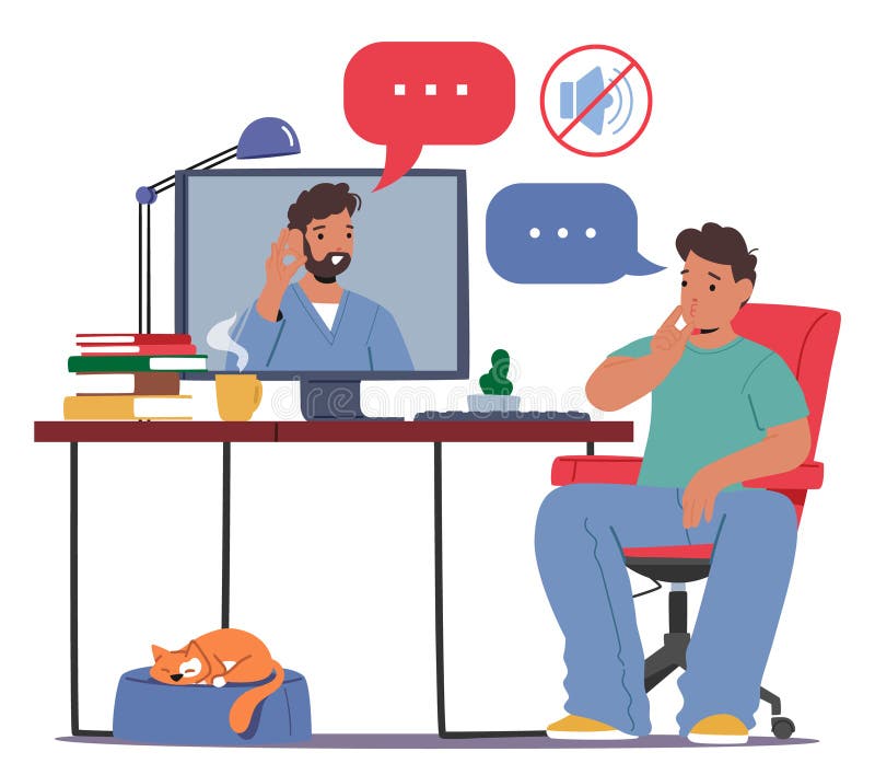 Man Sitting at a Desk and Communicating with Another Male Character on ...