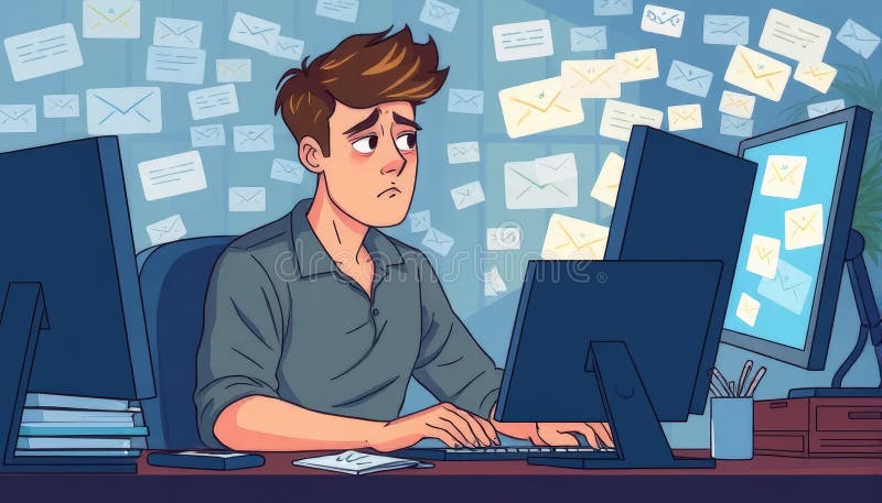 Man is Sitting at a Desk with a Computer and a Laptop Stock Image ...