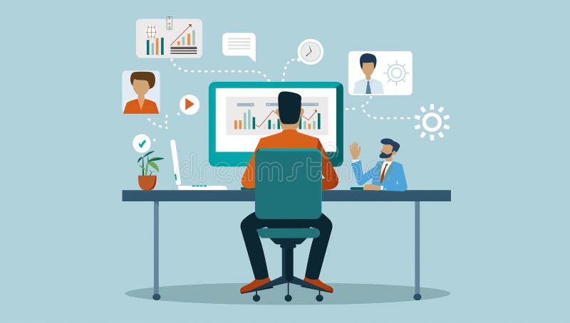 A Man is Sitting at a Desk with a Computer Monitor and a Laptop ...