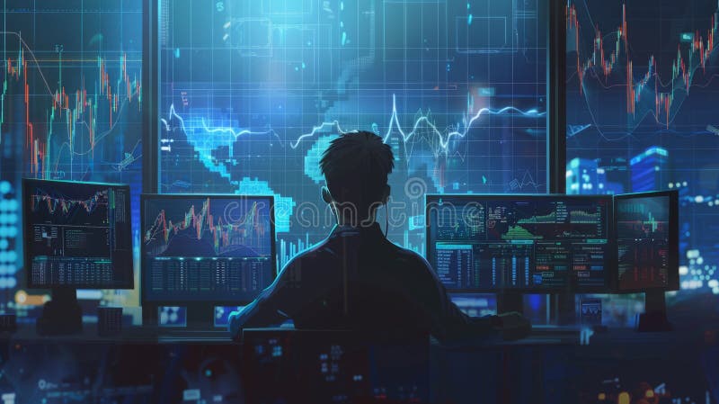 Man Sitting at Desk with Computer Monitors Stock Illustration - Illustration of concentrated ...