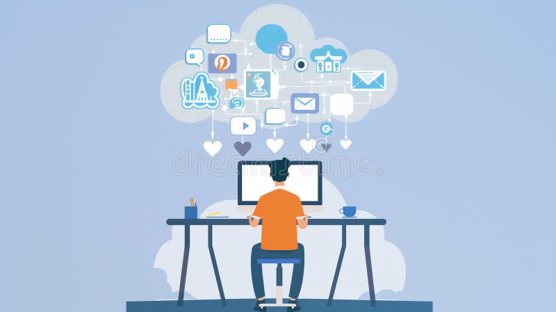 Man Sitting on a Desk with a Computer and a Social Media Cloud ...
