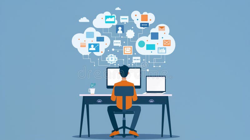 Man Sitting on a Desk with a Computer and a Social Media Cloud ...