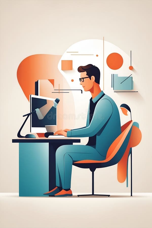 A Man Sitting at a Desk with a Computer, Working in an Office ...