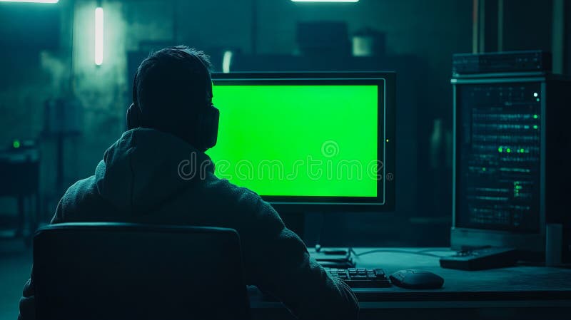 A Man Sitting at a Desk in Front of a Computer with a Green Screen ...