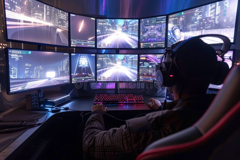 A Man Sitting at a Desk in Front of a Computer Monitor, Engaged in Work ...