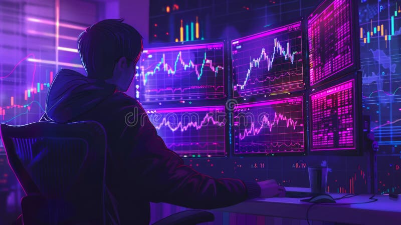 Man Sitting at Desk in Front of Computer Monitors Stock Illustration ... Man Sitting at Desk in Front of Computer Monitors Stock Illustration ...