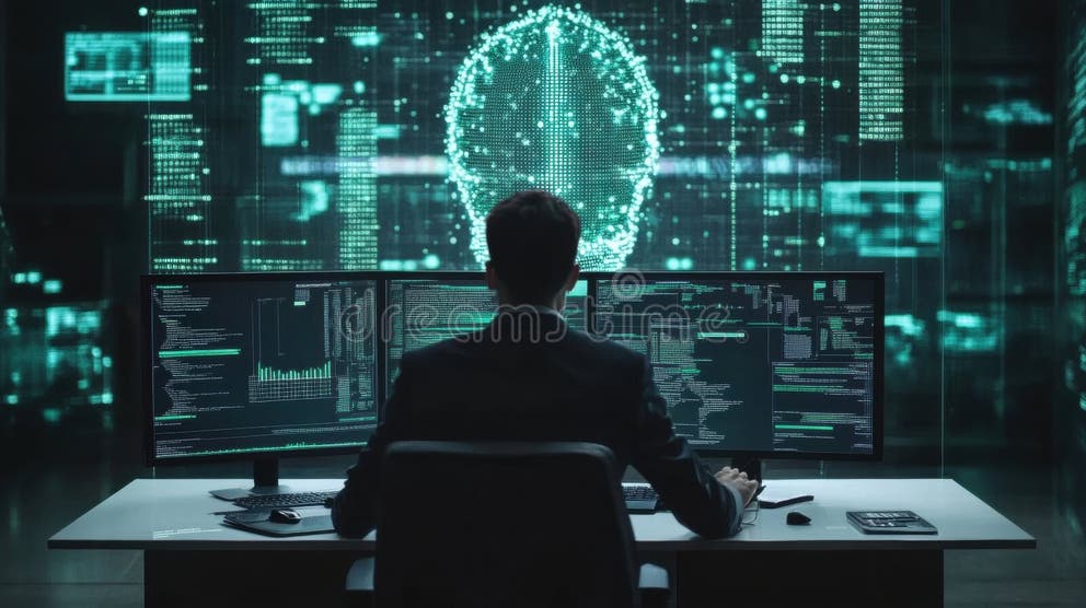 A Man Sitting at a Desk in Front of Two Computer Monitors Stock ...