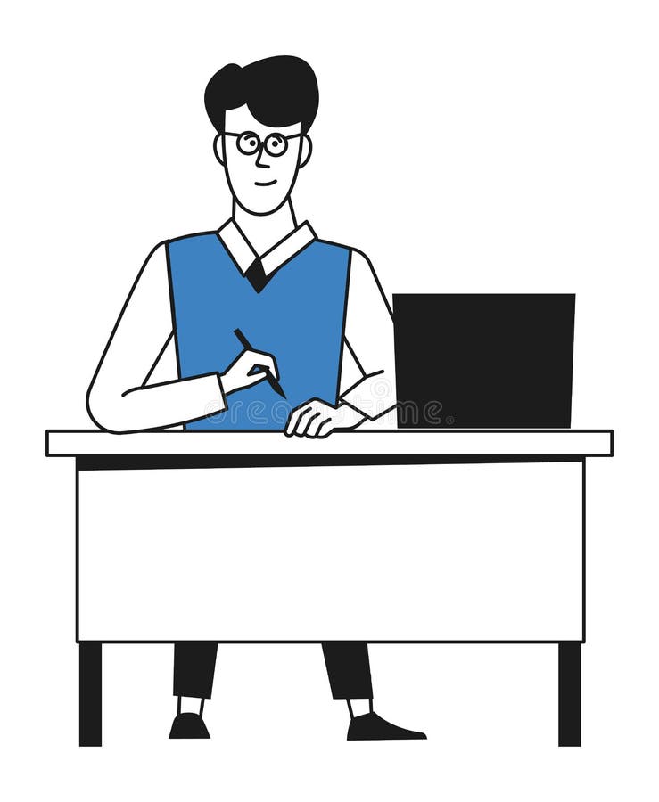 Man Sitting at Desk. Front View Stock Vector - Illustration of ...