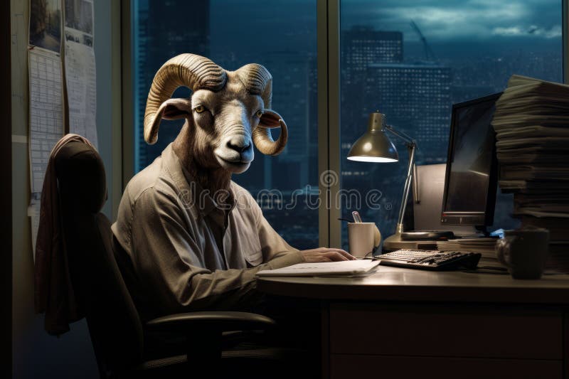 Man Sitting at Desk with Goat Head on His Head. Generative AI Stock ...
