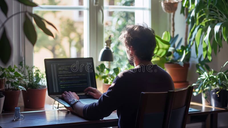 Man Sitting at Desk with Laptop Working Cozy and Comfortable Workplace ...