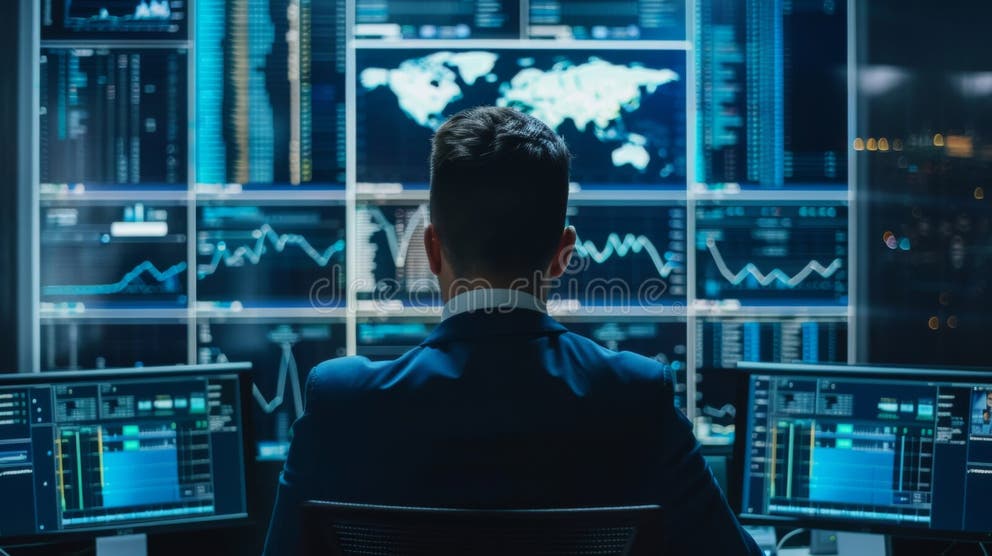 Man Sitting at Desk with Multiple Monitors Stock Photo - Image of ...