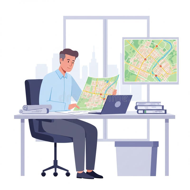 Man Sitting at a Desk in an Office, Examining a Map. he is Using a ...