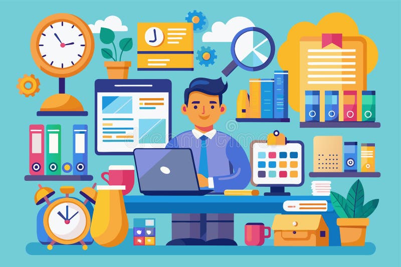 A Man Sitting at a Desk in an Office, Working on a Laptop Computer ...