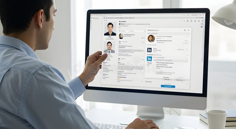 Man Reviewing Profiles on a Computer Screen Stock Illustration ...