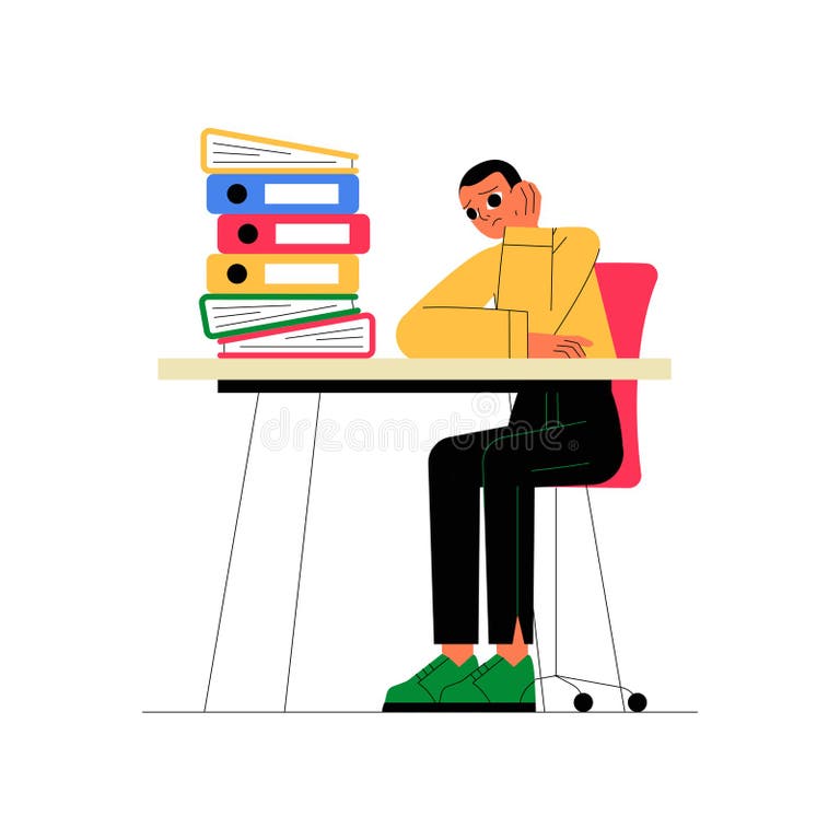Man Sitting at Desk with Stack of Files in Flat Vector Illustration ...