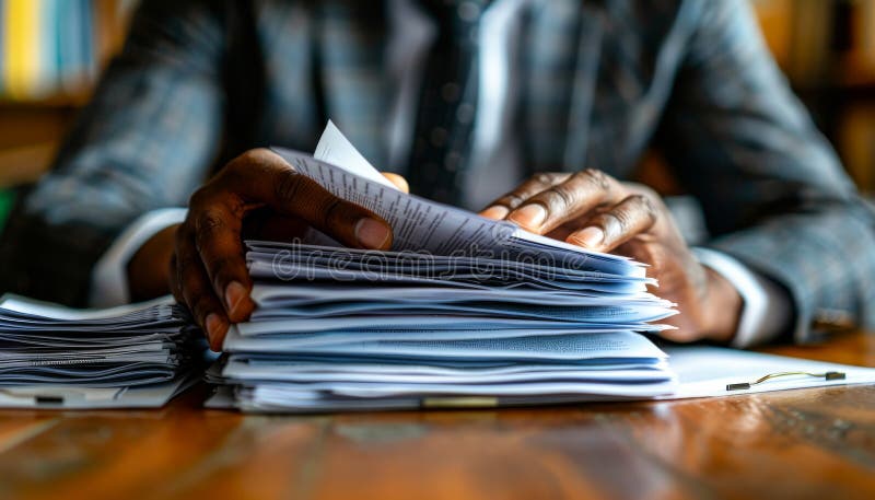 A Man is Sitting at a Desk with a Stack of Papers in Front of Him Stock ...