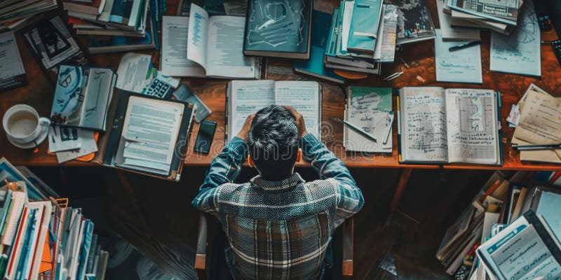 A Man Sitting at a Desk Surrounded by Stacks of a Books Stock Photo ...