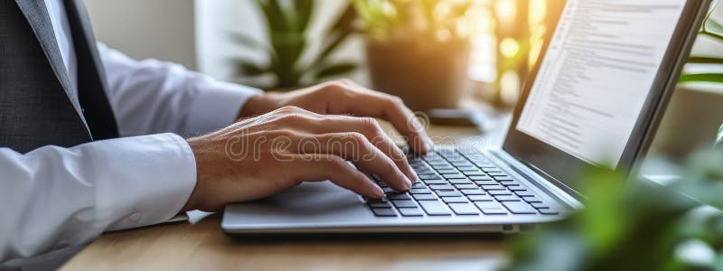 A Man is Sitting at a Desk and Typing Away on a Laptop Computer Stock ...